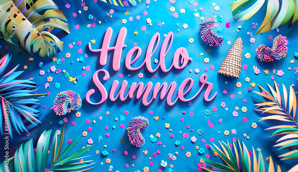 Hello Summer text with tropical leaf,leaves in bright colorful pastel ...