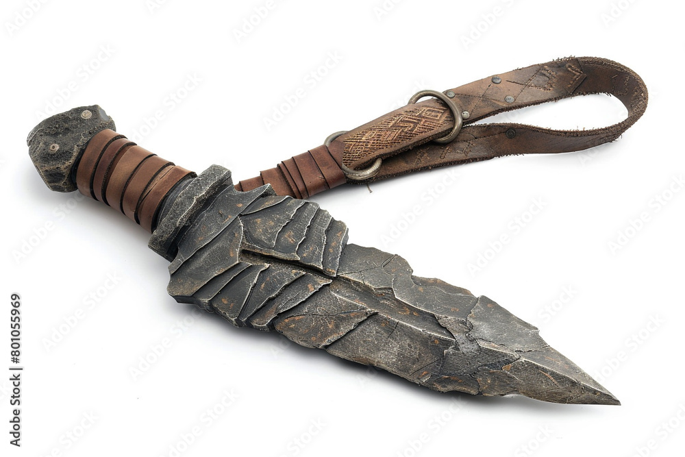 Savage barbarian's battle dagger with a rough-hewn stone blade, bound ...