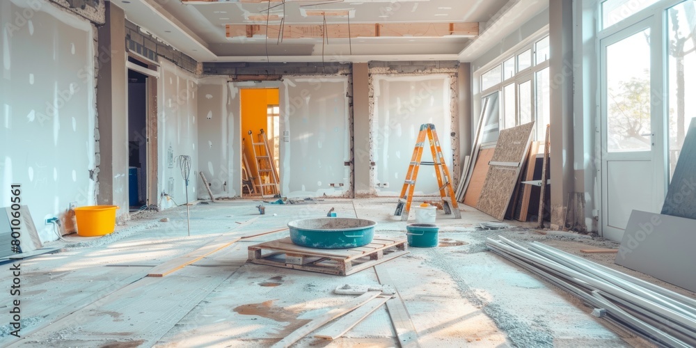 house in renovation, working renovation house. Interior of a room under ...