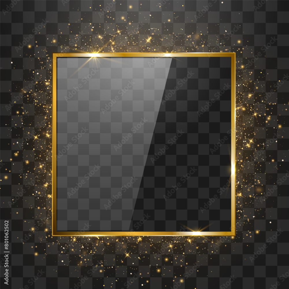 Vector golden frame around glitter particles. Golden frame with ...