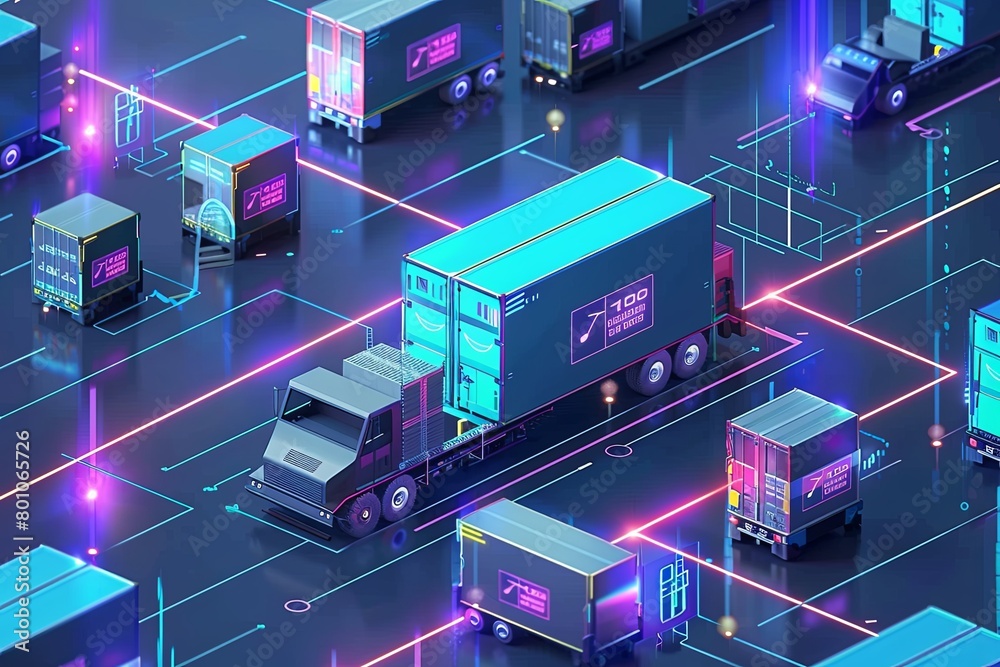 A group of trucks driving in a straight line on a road, creating a ...