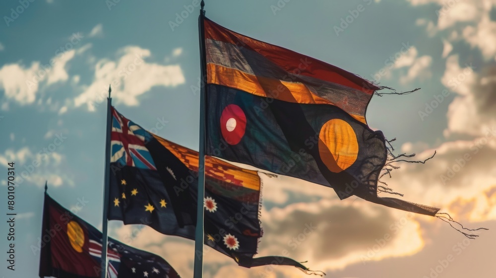 Australian Indigenous flags at the NAIDOC Week celebrations, rich earth ...
