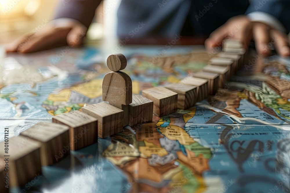 A wooden man figurine is seen standing on top of a detailed map of the ...