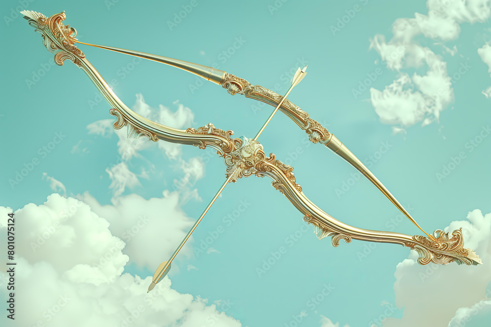 vintage bow and arrow, made of golden material , on an isolated pastel ...