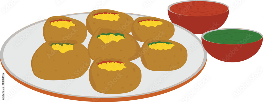 Indian street food Pani Puri Vector Illustration, Golgappa plate ...