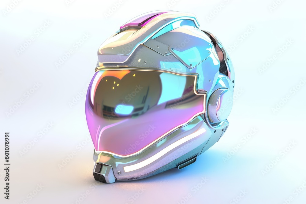 A 3D render of a hitech helmet with a reflective visor and neon trim ...