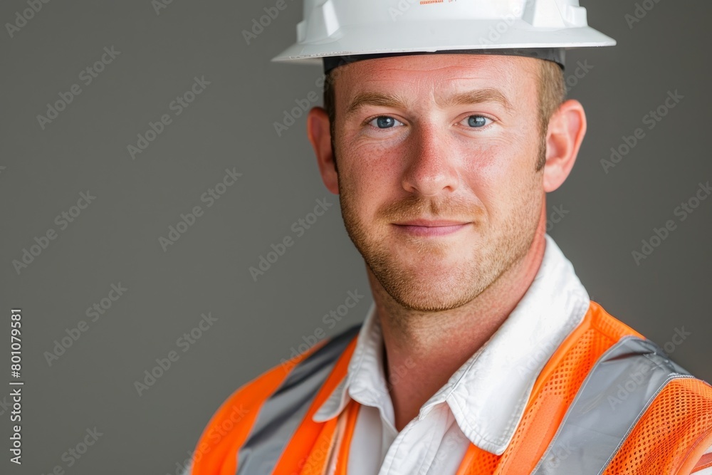 A professional portrait of a construction manager wearing a hard hat ...