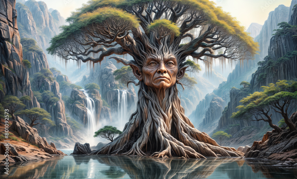 Realistic,Oil painting A very old Dragon tree with a face like a Dragon ...