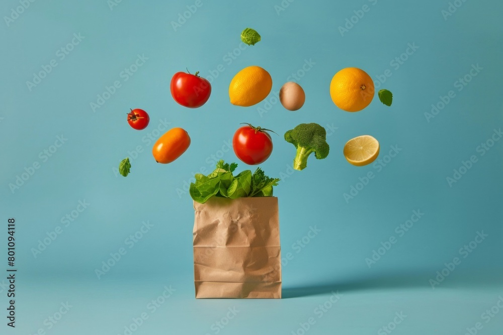 Fresh vegetables and fruits dropping into a paper bag, white backdrop ...