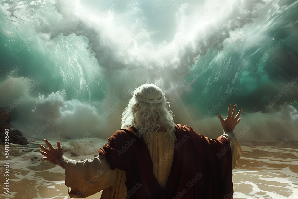 Artistic illustration of back view of Moses dividing the red sea in ...