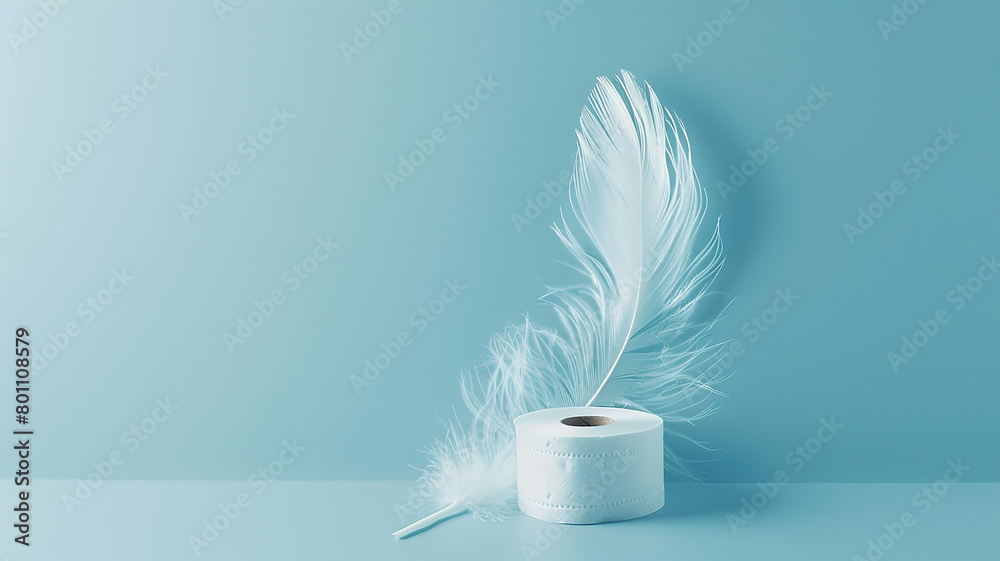 A white fluffy bird feather and a roll of toilet paper on a delicate ...