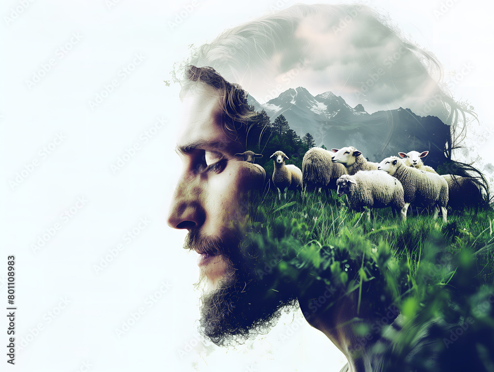 Double exposure image of Jesus Christ, the good shepherd and flock of ...
