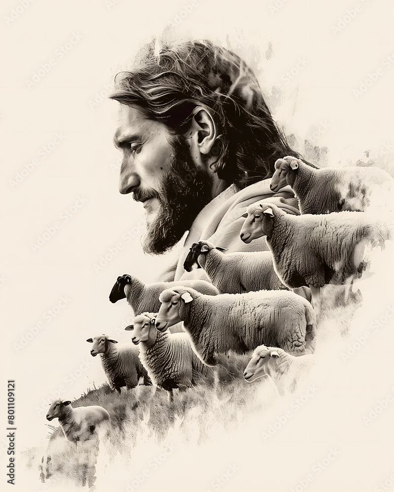Double exposure image of Jesus Christ, the good shepherd and flock of ...
