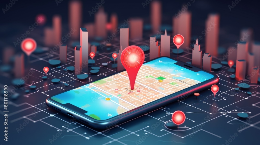 Concept of geofencing, featuring a digital map with virtual boundaries, a location pin, and a ...