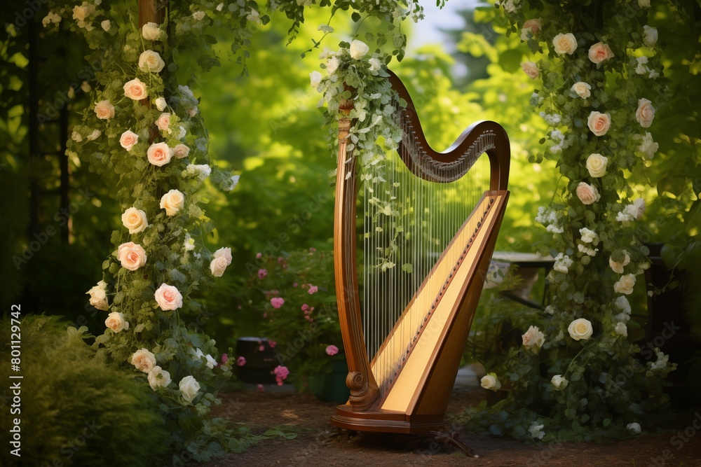 Dynamic photo of a harp standing in a garden gazebo, with climbing ...