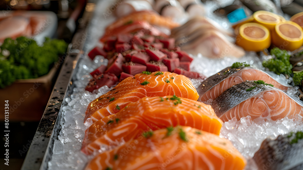 Assorted fresh fish and salmon fillets on ice with lemon and herbs ...