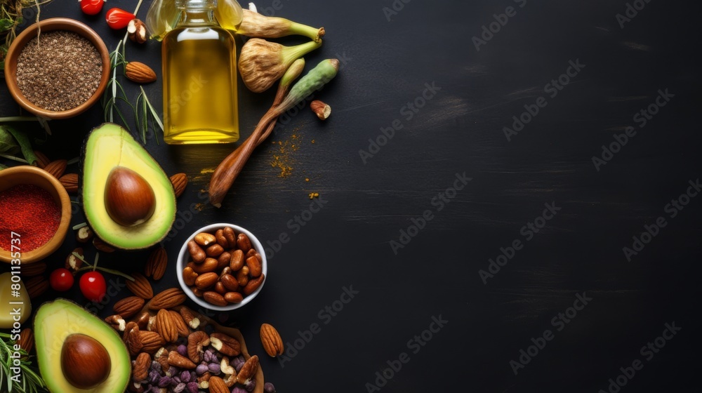 Assorted healthy fats food selection with avocado, nuts, seeds, and ...