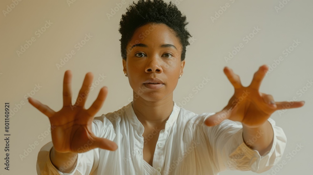 The picture of the interpreter is using the hand signal with the grey ...