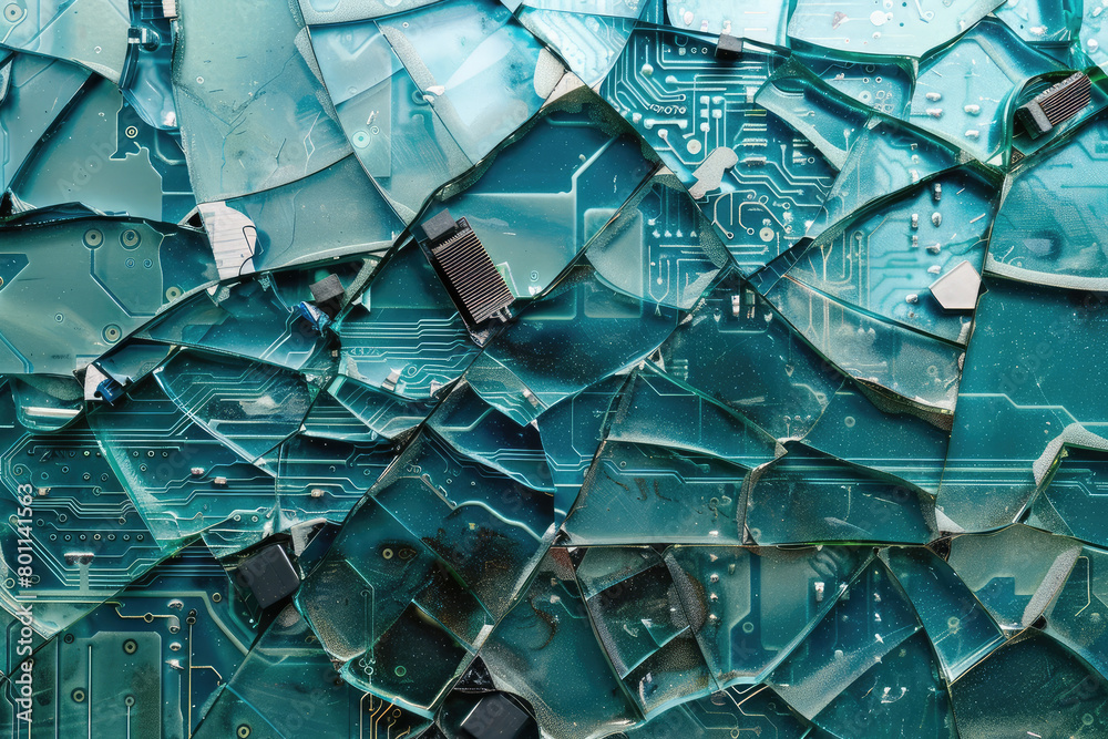blue printed circuit board under shattered glass background technology ...