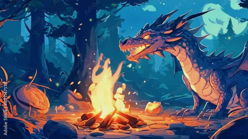 A dragon breathing fire while roasting marshmallows over a campfire in ...