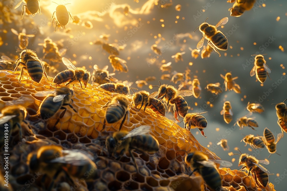 Crowded bee hive with bees fighting for access to resources and facing ...
