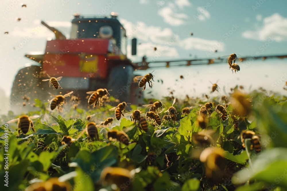 Rural machine sprays chemicals on a field with bees fly away from ...