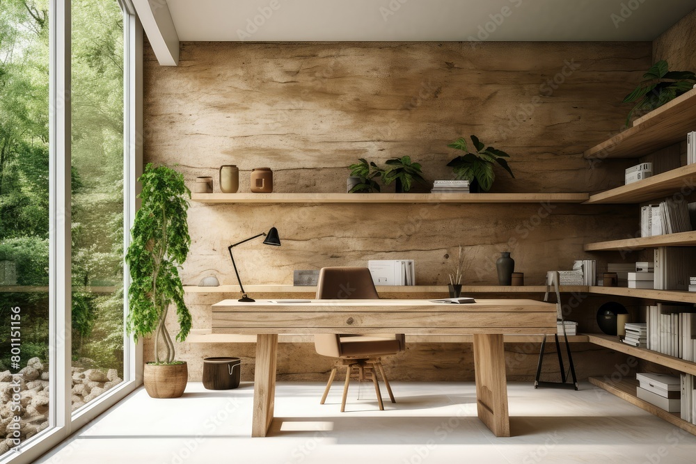A minimalist eco-friendly room with a desk, shelves, and various plants ...