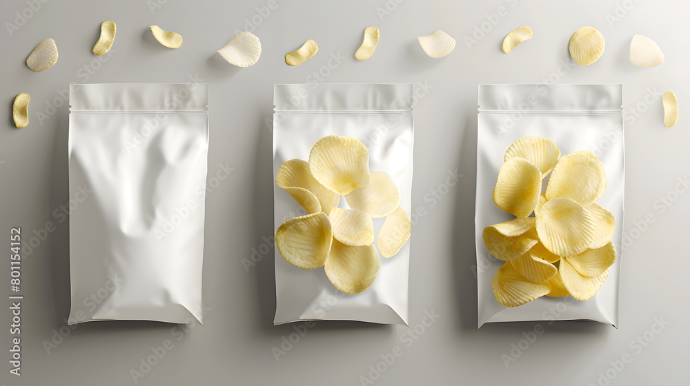Realistic white potato chips packaging mockups for flow pack collection ...