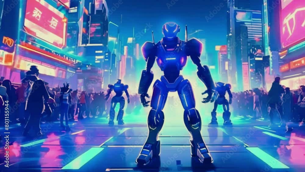 A robot dance-off competition in a futuristic city square, with ...