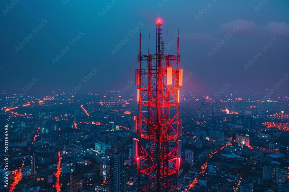 5G network tower radiating signals over a smart city, ultrafast digital ...