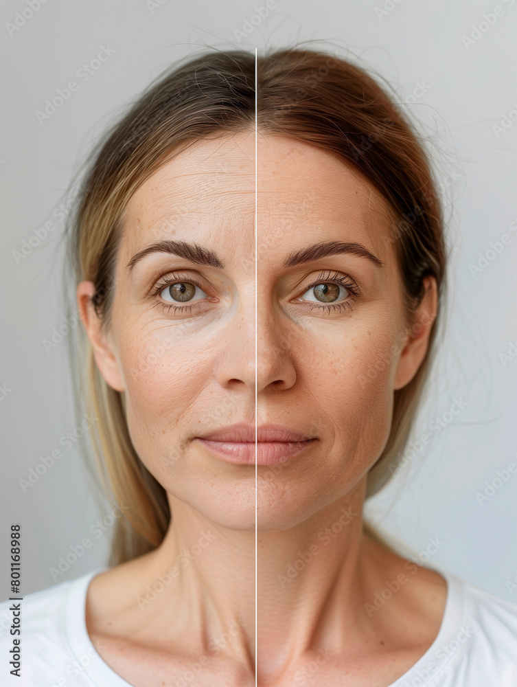 Before After photo of anti aging skin treatment of older woman in her 40s, before she has ...