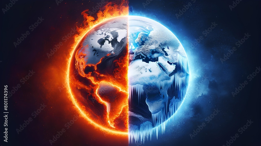 Earth concept, fiery Earth, frozen Earth,climate change, extreme forces ...