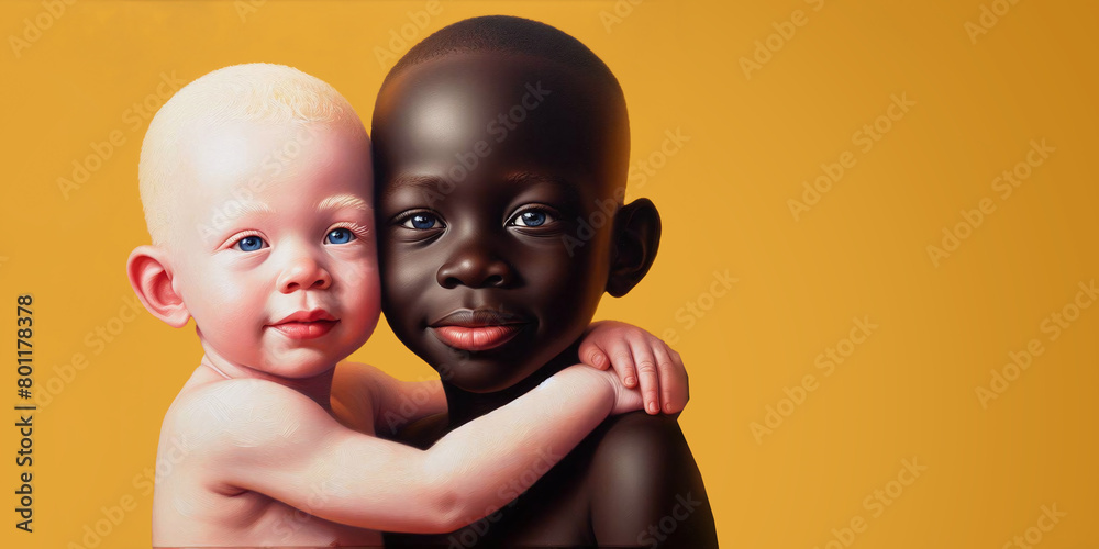 realistic photography of a beautiful black child and an albino child ...