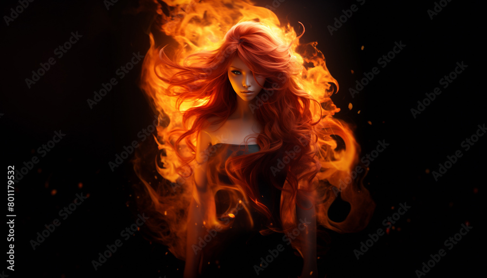 Flaming beauty asian woman set against a black background. Supernatural ...