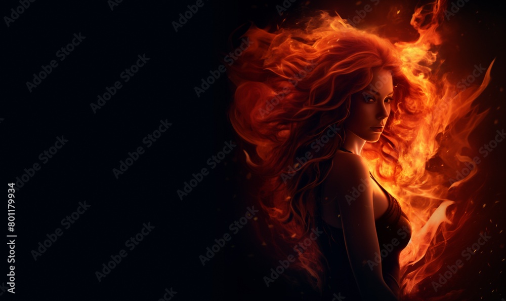 Flaming beauty woman set against a black background. Supernatural woman ...