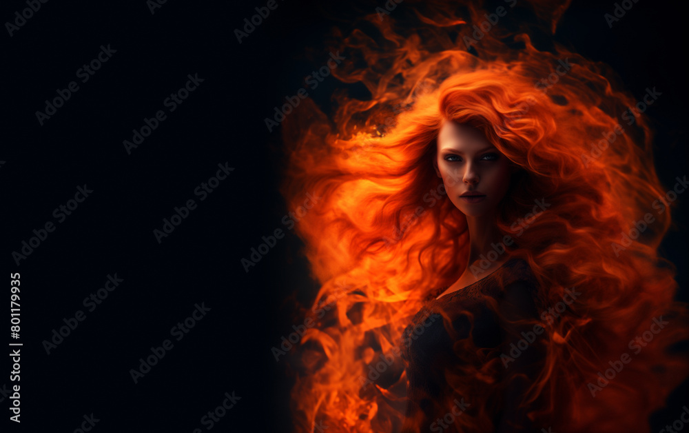 Flaming beauty woman set against a black background. Supernatural woman ...