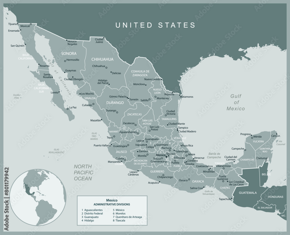 Mexico - detailed map with administrative divisions country. Vector ...