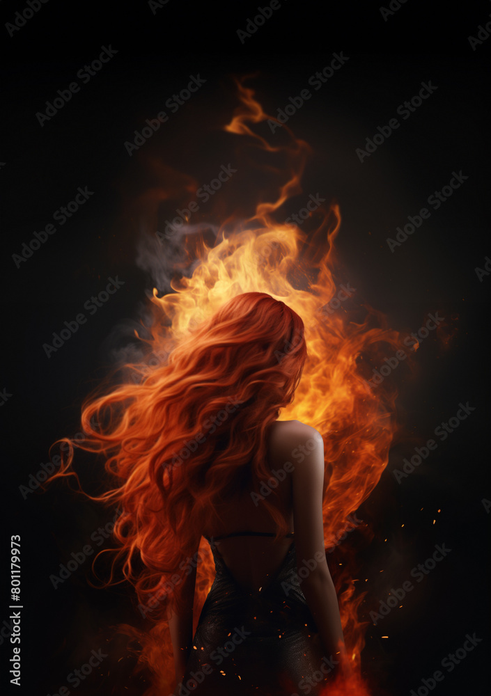 Flaming beauty woman set against a black background. Supernatural woman ...