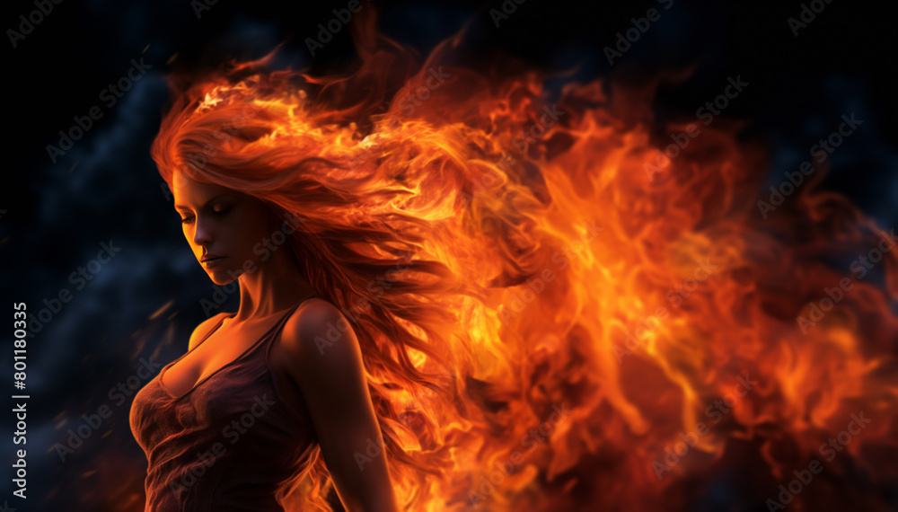 Flaming beauty woman set against a black background. Supernatural woman ...