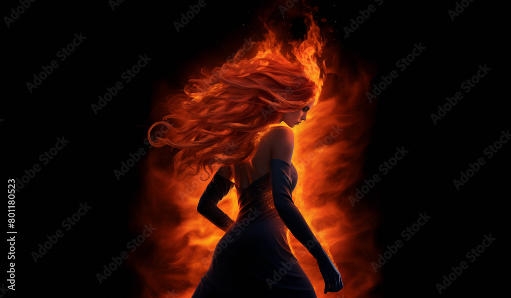 Flaming beauty woman set against a black background. Supernatural woman ...