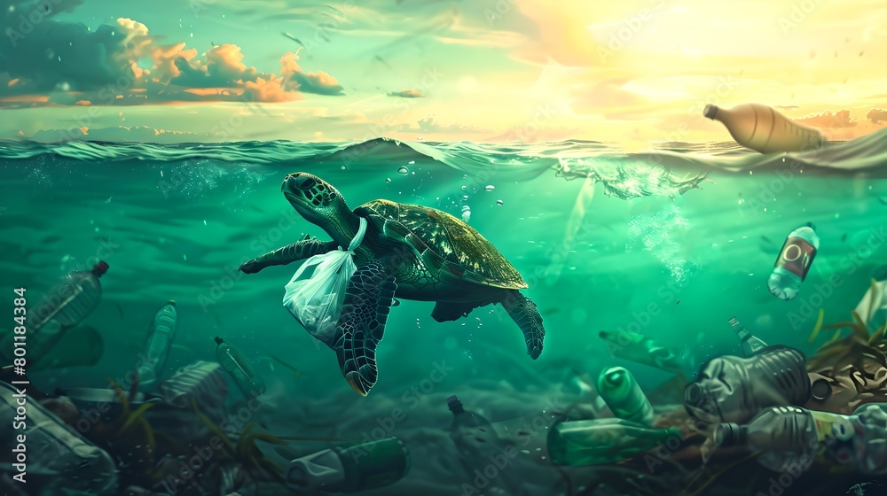 Sea Turtle Swimming Amongst Plastic Pollution in Ocean. Environmental ...