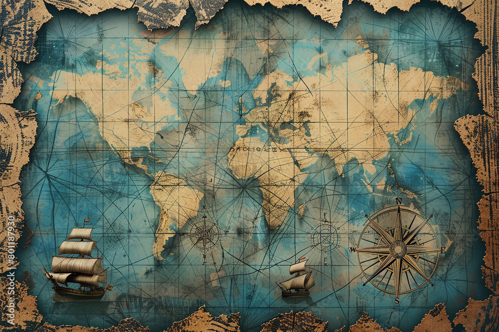 Antique Nautical World Map with Sailing Ships and Compass Illustration ...