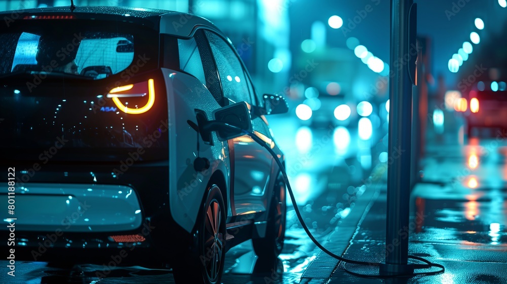 Eco-conscious driver in an electric car at a busy, insufficient ...