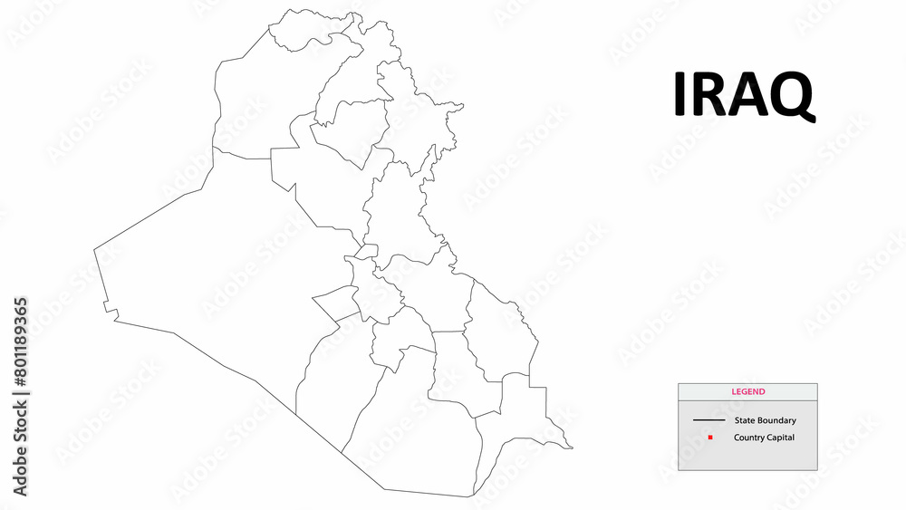 Iraq Map. Outline state map of Iraq. Political map of Iraq with a black ...