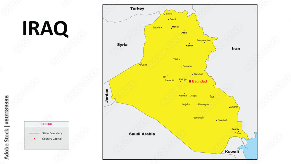 Iraq Map. Major city map of Iraq. Political map of Iraq with country ...