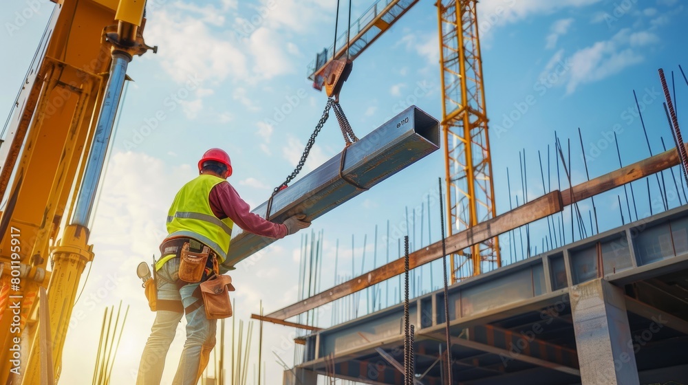 Construction worker in a safety helmet lifting a steel beam with a ...