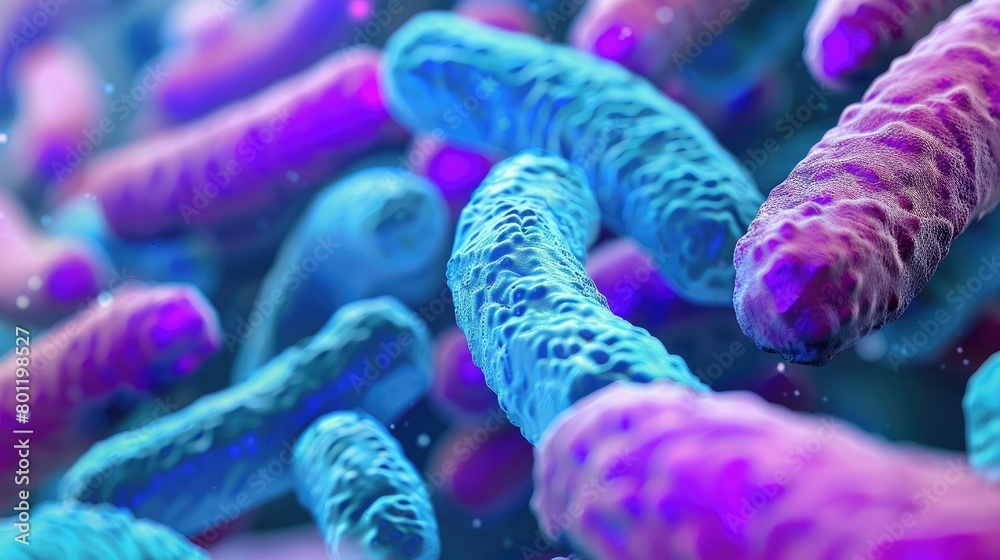 Microscopic view of probiotics bacteria in human stomach, showing escherichia coli and other ...