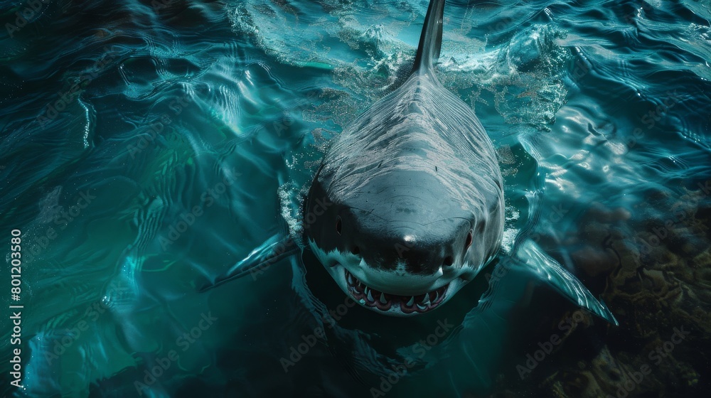 Hyperealistic Shark emerging from a bleached sea, mystery in its gaze ...