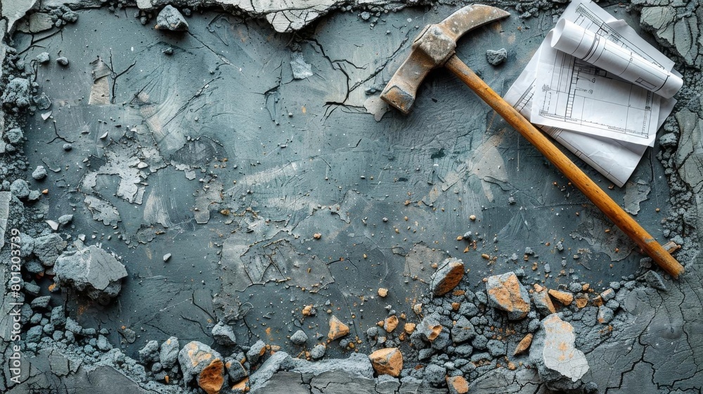 Overhead view of a demolition project plan with sledgehammer ...