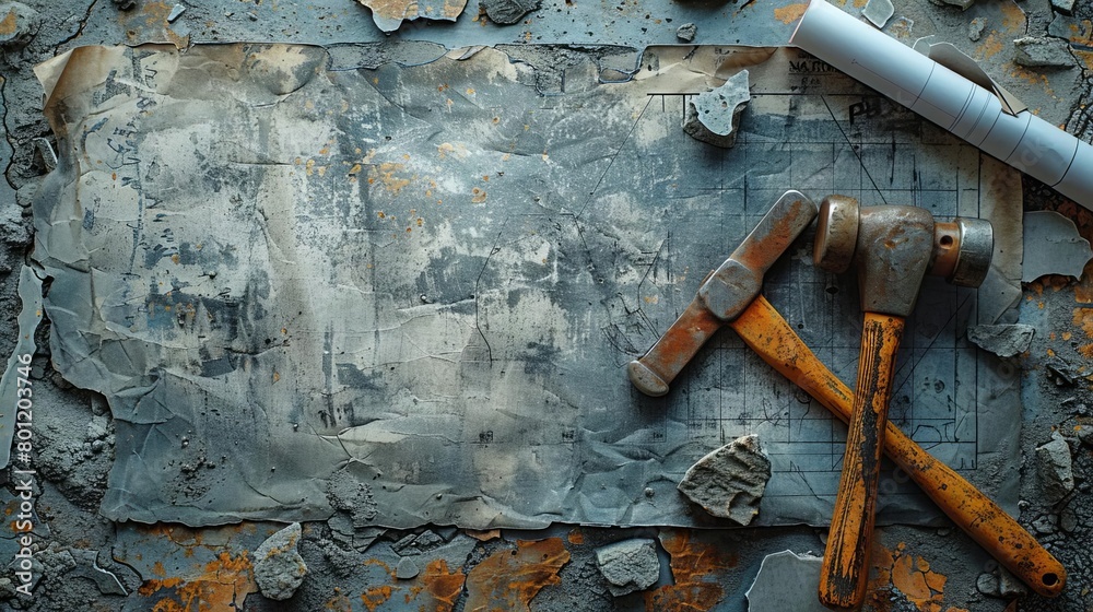 Overhead view of a demolition project plan with sledgehammer ...